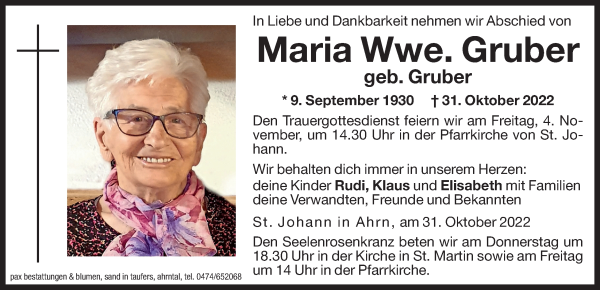 Traueranzeigen von Maria Gruber | Trauer.bz