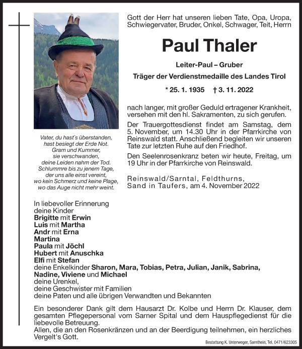 Traueranzeigen von Paul Thaler | Trauer.bz