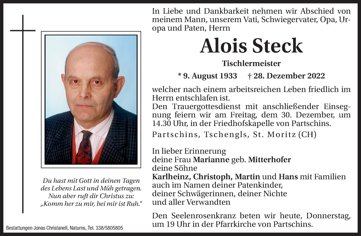 Traueranzeigen von Alois Steck | Trauer.bz