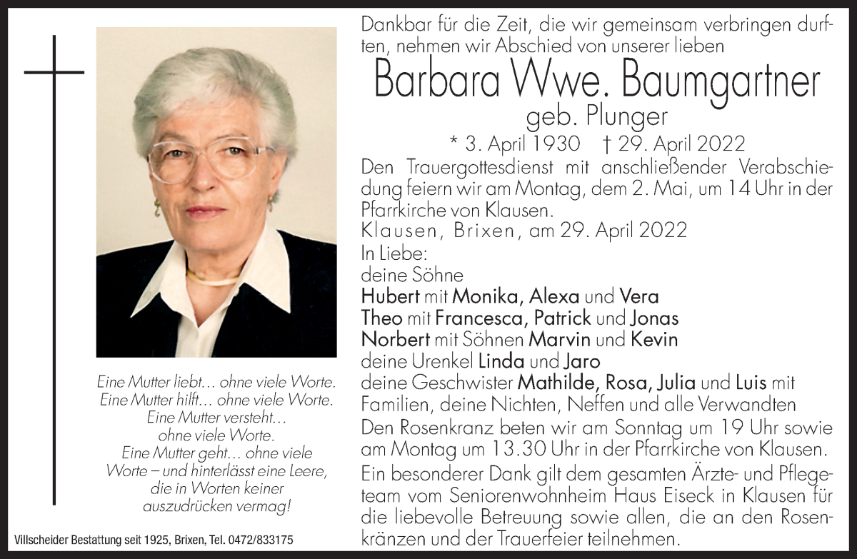 Traueranzeigen von Barbara Baumgartner | Trauer.bz