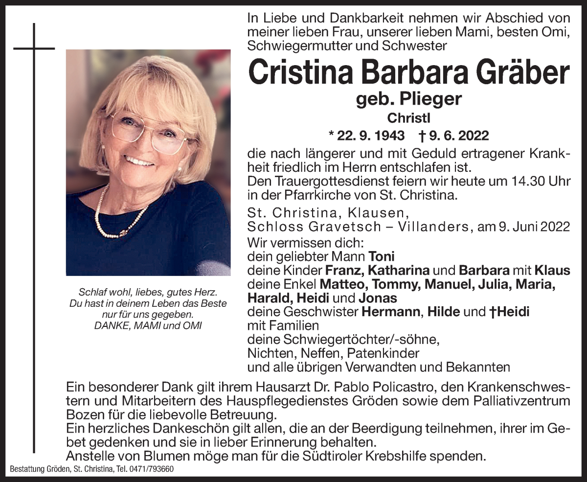 Traueranzeigen von Cristina Barbara Gräber | Trauer.bz