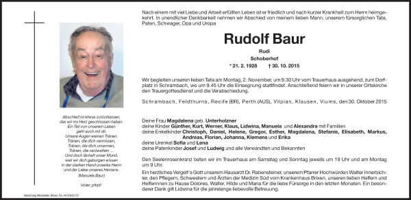 Traueranzeigen von Rudolf Baur | Trauer.bz