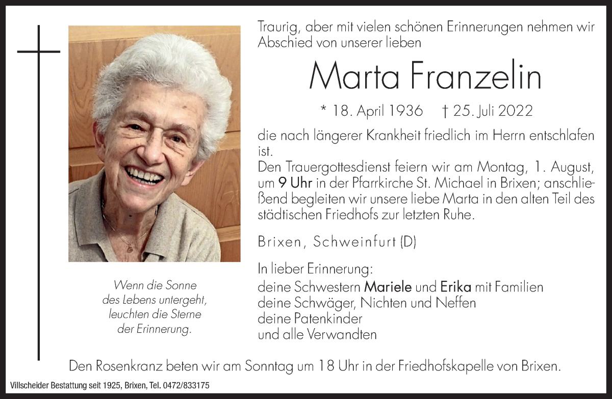 Traueranzeigen von Marta Franzelin | Trauer.bz