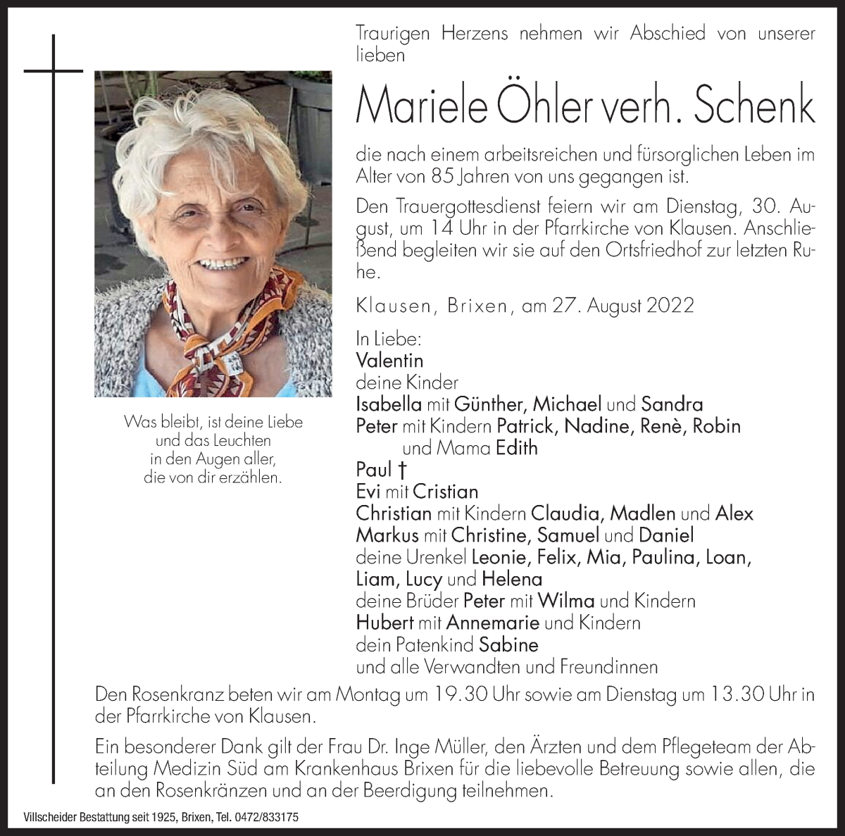 Traueranzeigen von Mariele Schenk | Trauer.bz