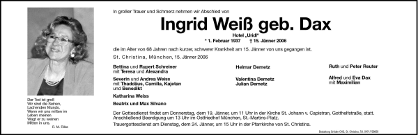 Traueranzeigen von Ingrid Weiss | Trauer.bz