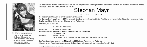 Traueranzeigen von Stephan Mayr | Trauer.bz
