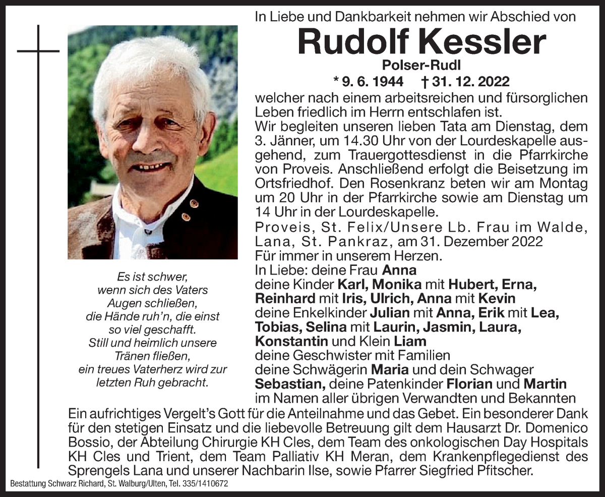 Traueranzeigen von Rudolf Kessler | Trauer.bz