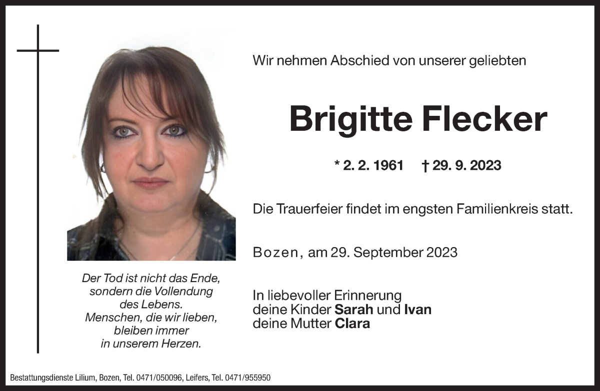 Traueranzeigen von Brigitte Flecker | Trauer.bz