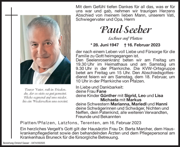 Traueranzeigen von Paul Seeber | Trauer.bz