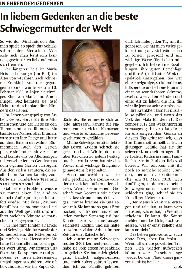Traueranzeigen von Maria Heiss | Trauer.bz
