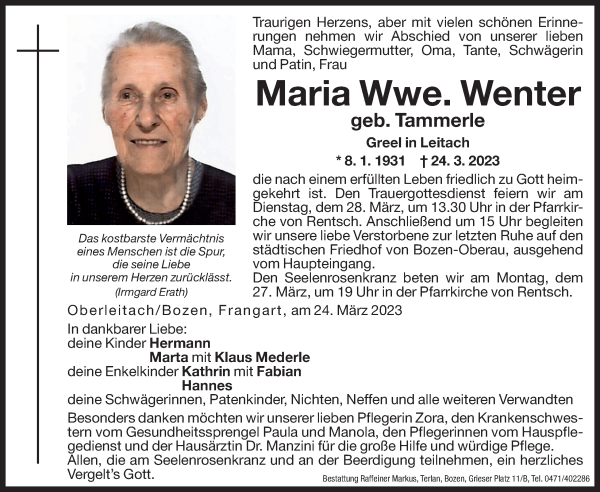 Traueranzeigen von Maria Wenter | Trauer.bz