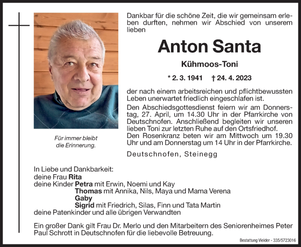 Traueranzeigen von Anton Santa | Trauer.bz