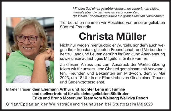 Traueranzeigen von Christa Müller | Trauer.bz