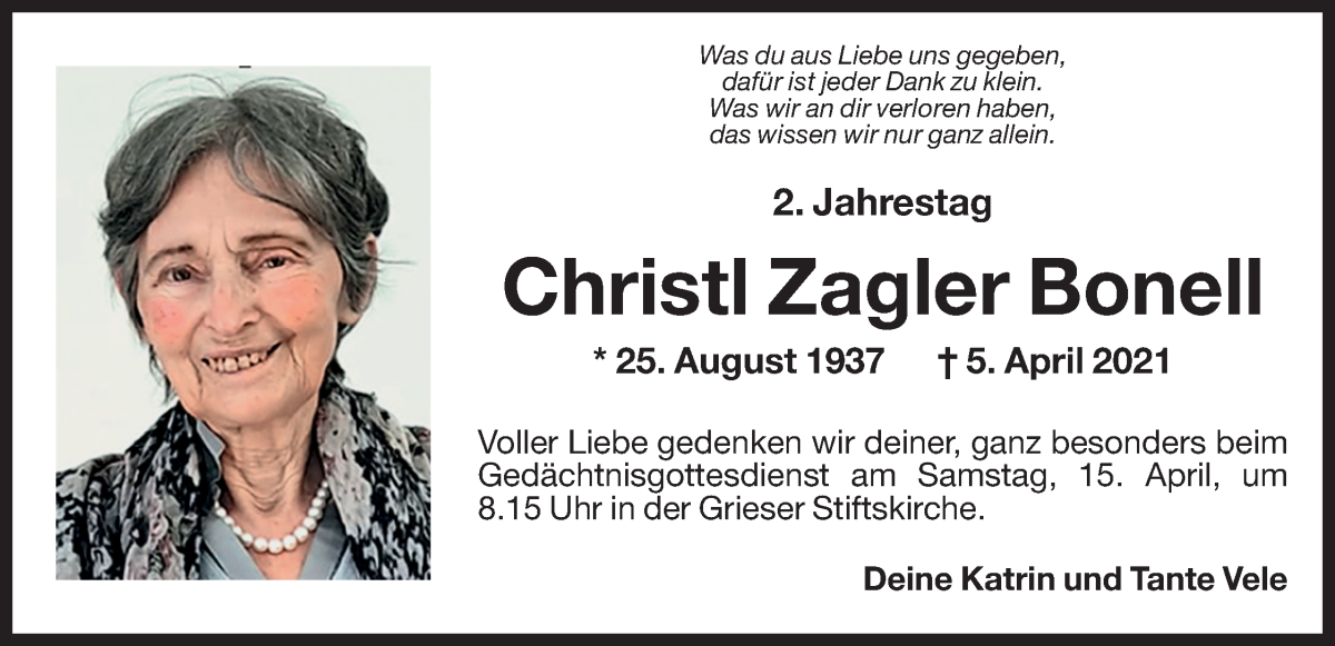 Traueranzeigen von Christl Bonell | Trauer.bz