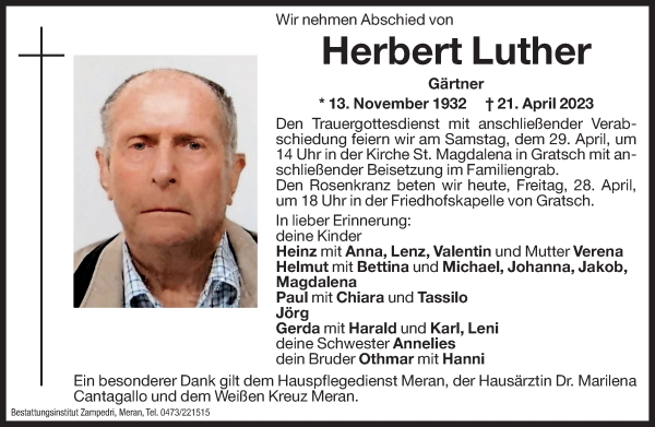 Traueranzeigen von Herbert Luther | Trauer.bz