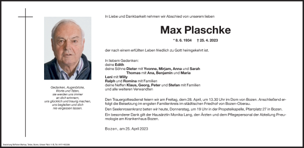 Traueranzeigen von Max Plaschke | Trauer.bz