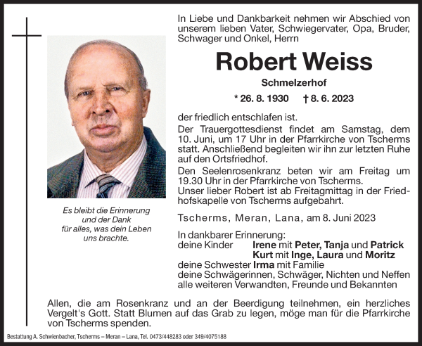 Traueranzeigen von Robert Weiss | Trauer.bz