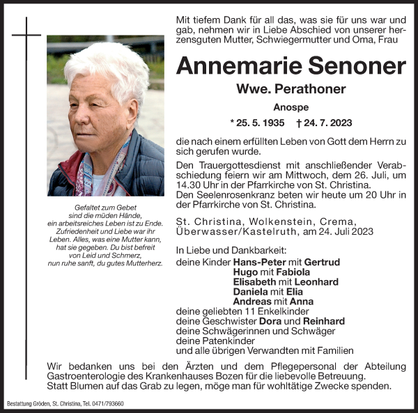 Traueranzeigen von Annemarie Perathoner | Trauer.bz