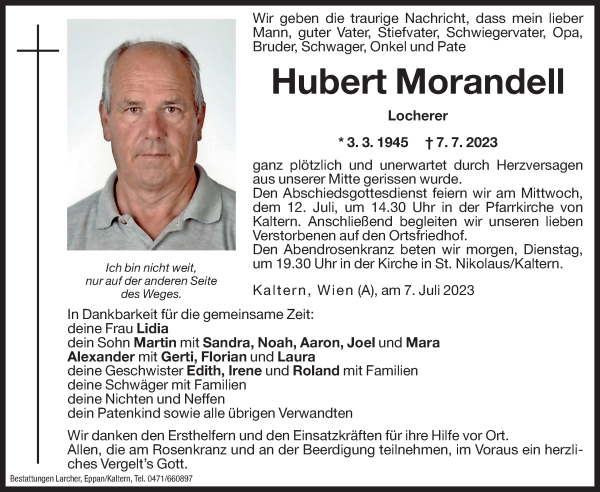 Traueranzeigen von Hubert Morandell | Trauer.bz