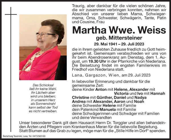 Traueranzeigen von Martha Weiss | Trauer.bz