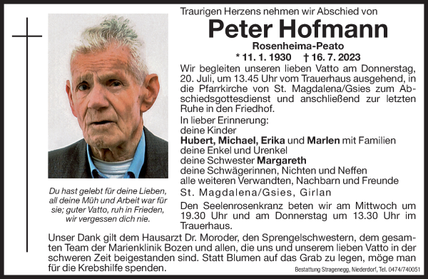 Traueranzeigen von Peter Hofmann | Trauer.bz
