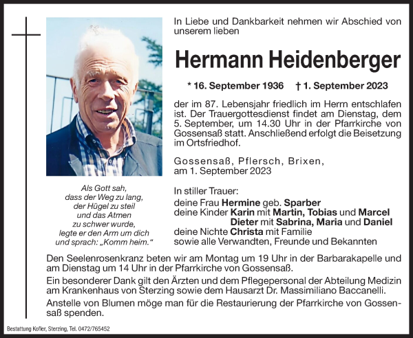 Traueranzeigen von Hermann Heidenberger | Trauer.bz