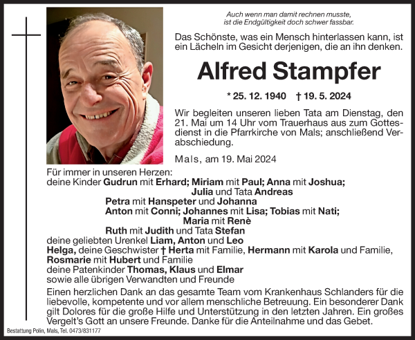 Traueranzeigen von Alfred Stampfer | Trauer.bz