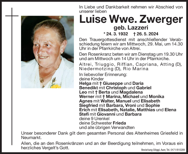 Traueranzeigen von Luise Zwerger | Trauer.bz