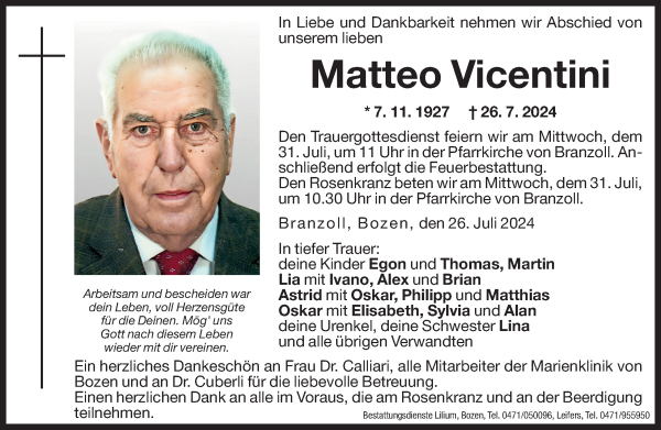 Traueranzeigen von Matteo Vicentini | Trauer.bz