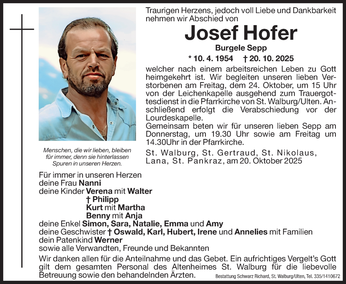 Traueranzeigen von Josef Hofer | Trauer.bz