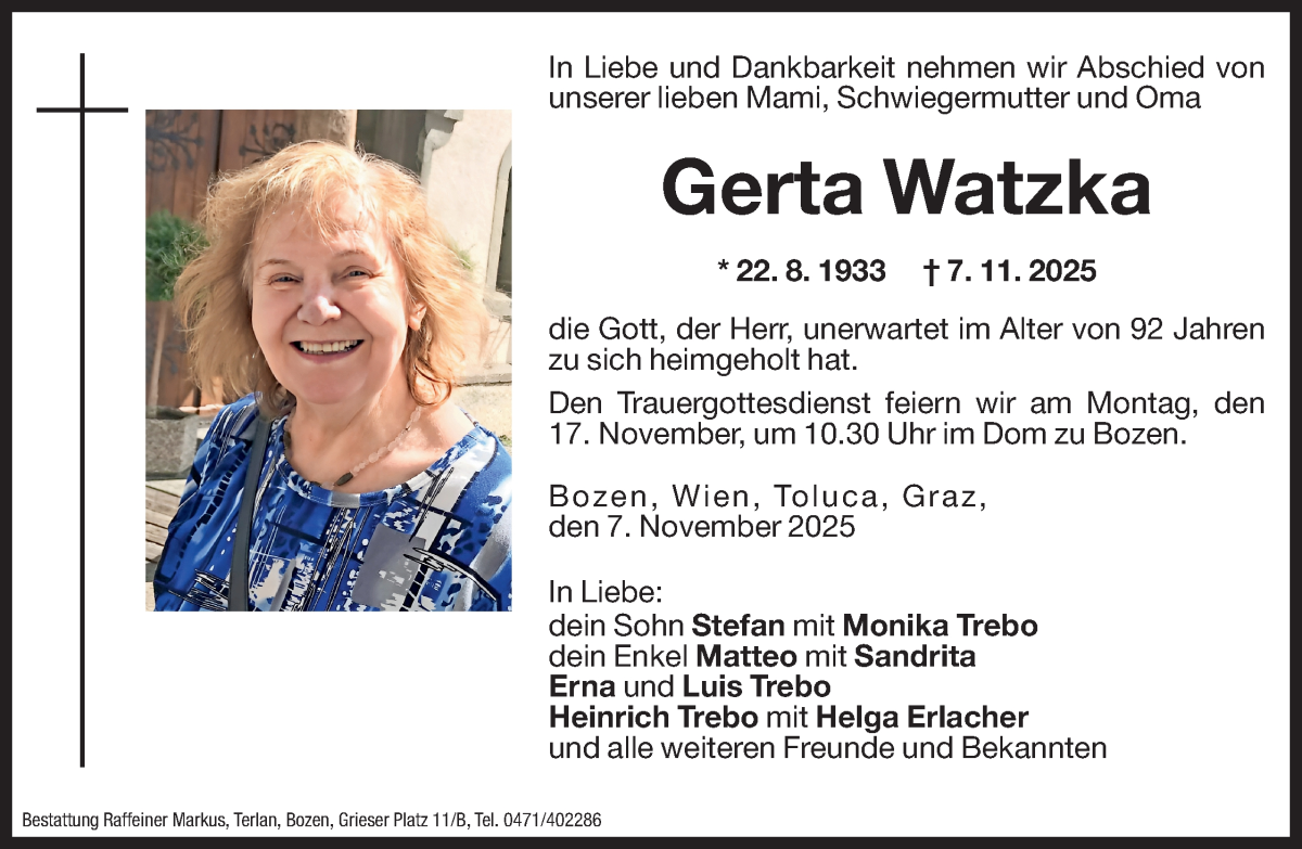 Traueranzeigen von Gerta Watzka | Trauer.bz
