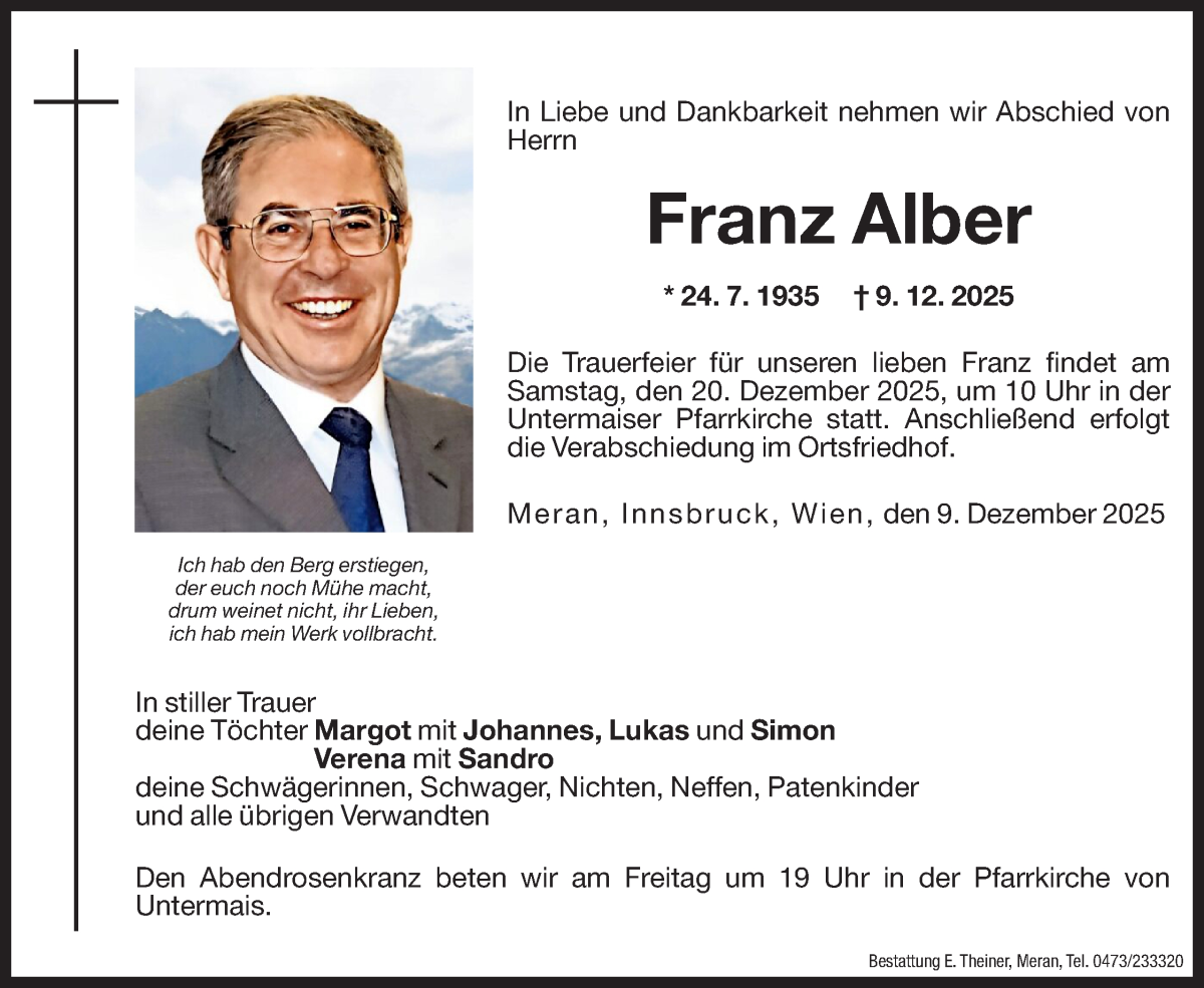 Traueranzeigen von Franz Alber | Trauer.bz