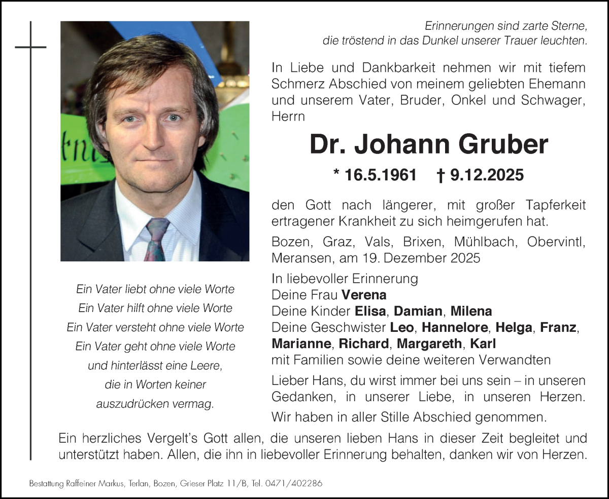 Traueranzeigen von Johann Gruber | Trauer.bz