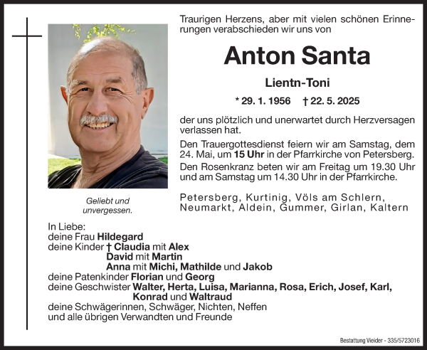 Traueranzeigen von Anton Santa | Trauer.bz