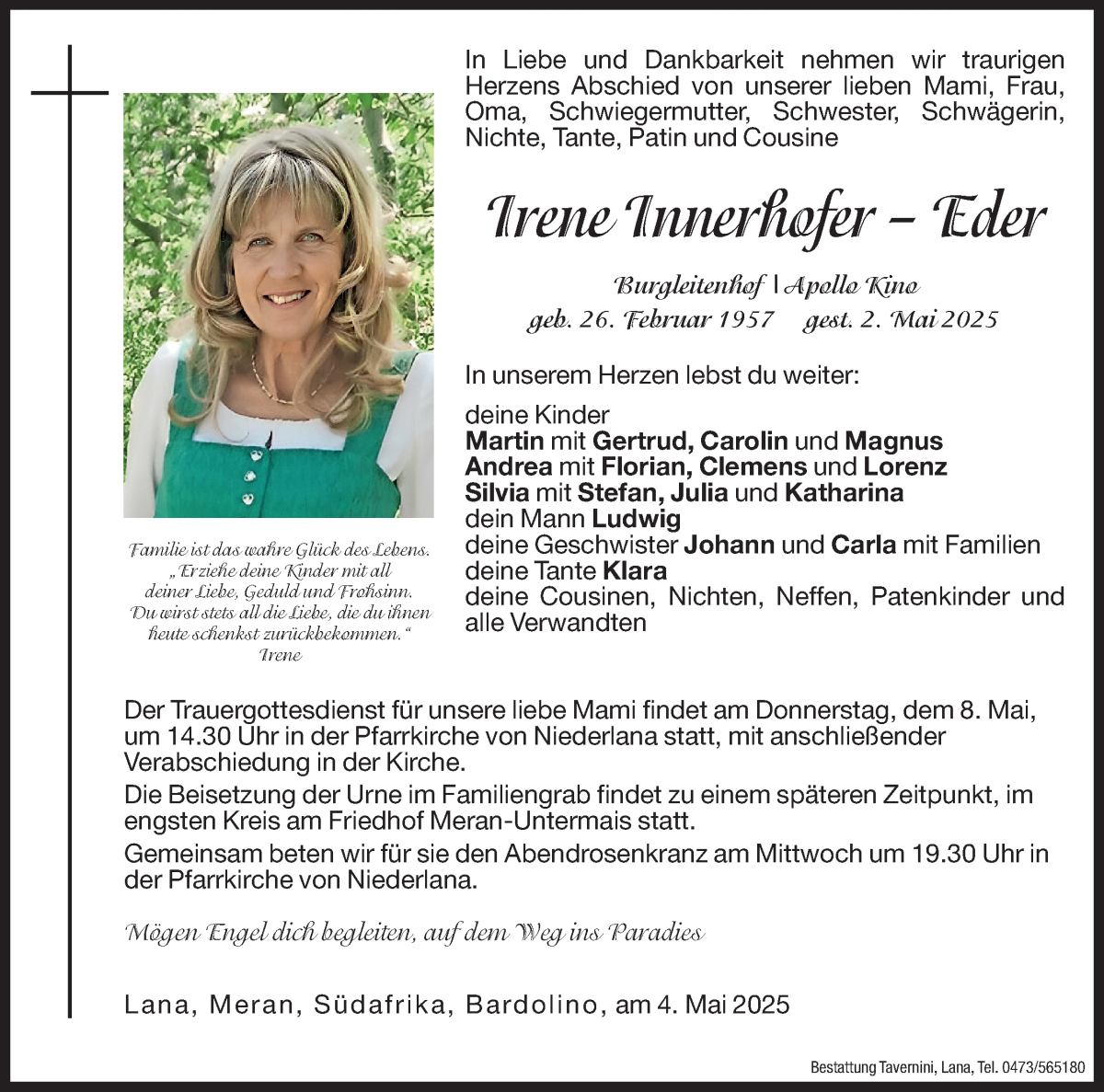 Traueranzeigen von Irene Innerhofer - Eder | Trauer.bz