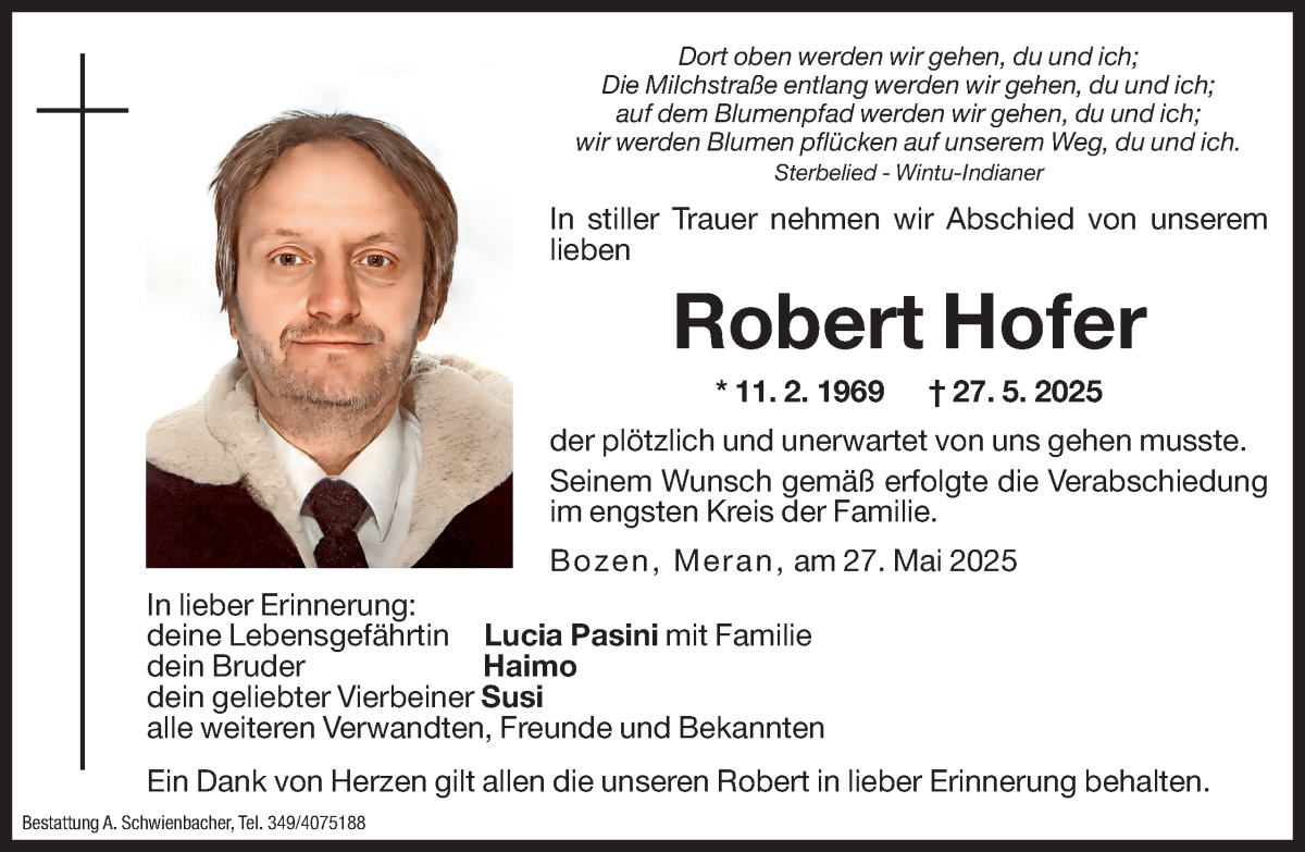Traueranzeigen von Robert Hofer | Trauer.bz