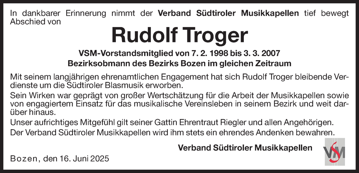 Traueranzeigen von Rudolf Troger | Trauer.bz