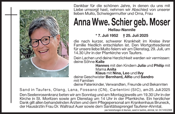 Traueranzeigen von Anna Schier | Trauer.bz