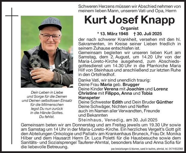 Traueranzeigen von Kurt Josef Knapp | Trauer.bz
